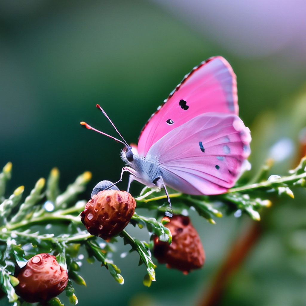 "Cedar with cones in dew drops, pink butterfly sitting on a branch ...