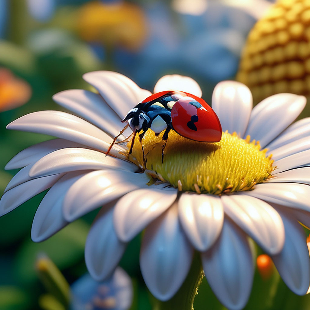 "Three-dimensional masterpiece: close-up of a daisy with a ladybug ...