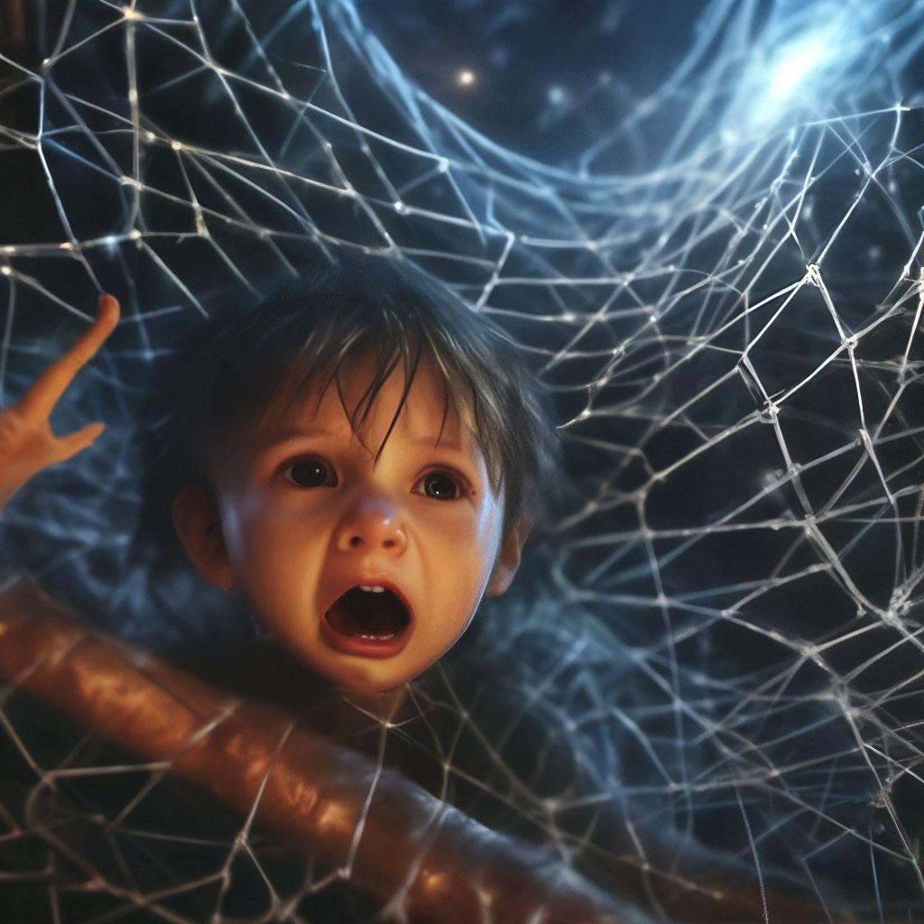 "Cosmic web a child is entangled in it, crying, a spider is waiting in ...