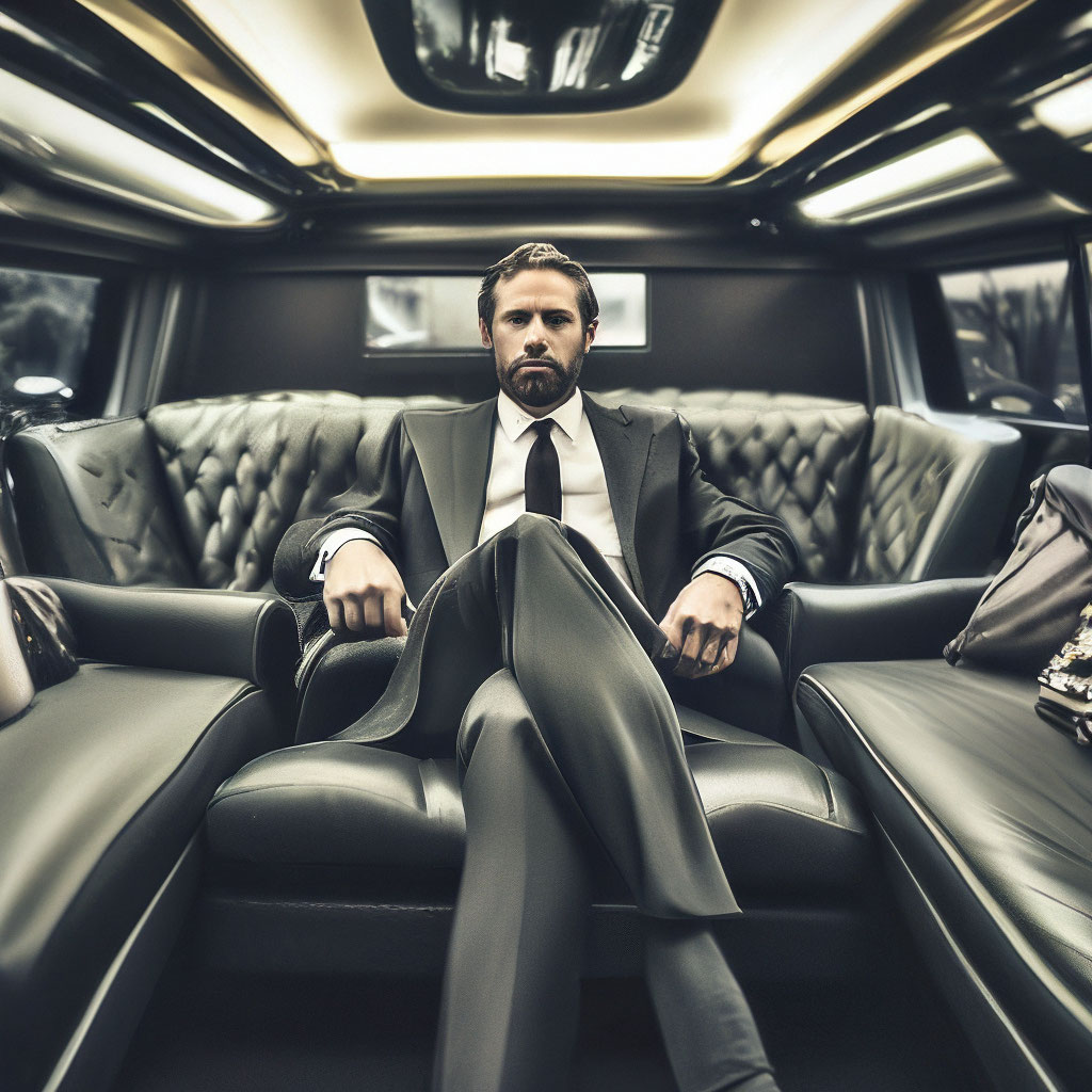 "Millionaire guy in the back seat of a limo, sad, style, symmetry, legs ...