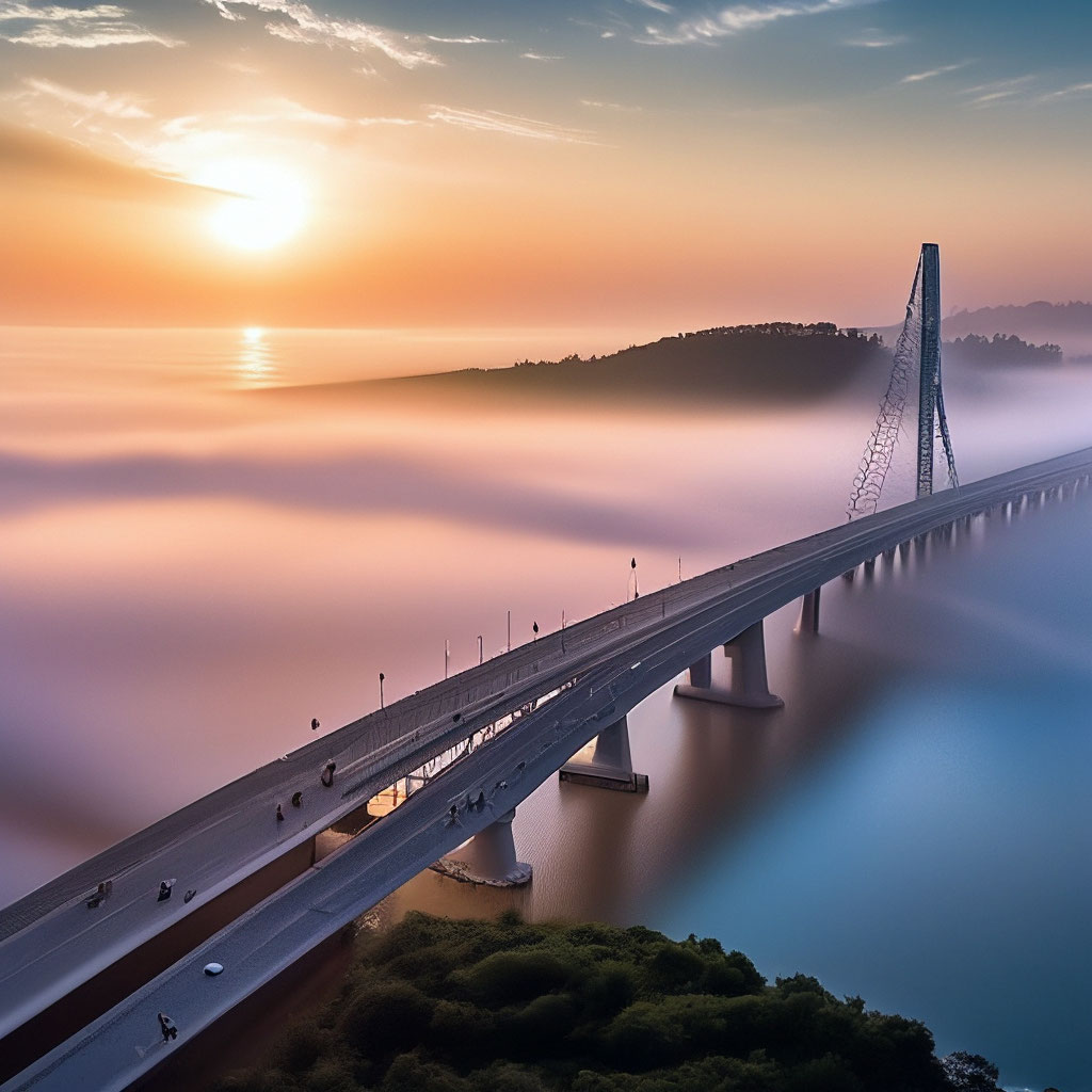 "Sunrise,haze of fog,city by the sea,bridge across the strait ...