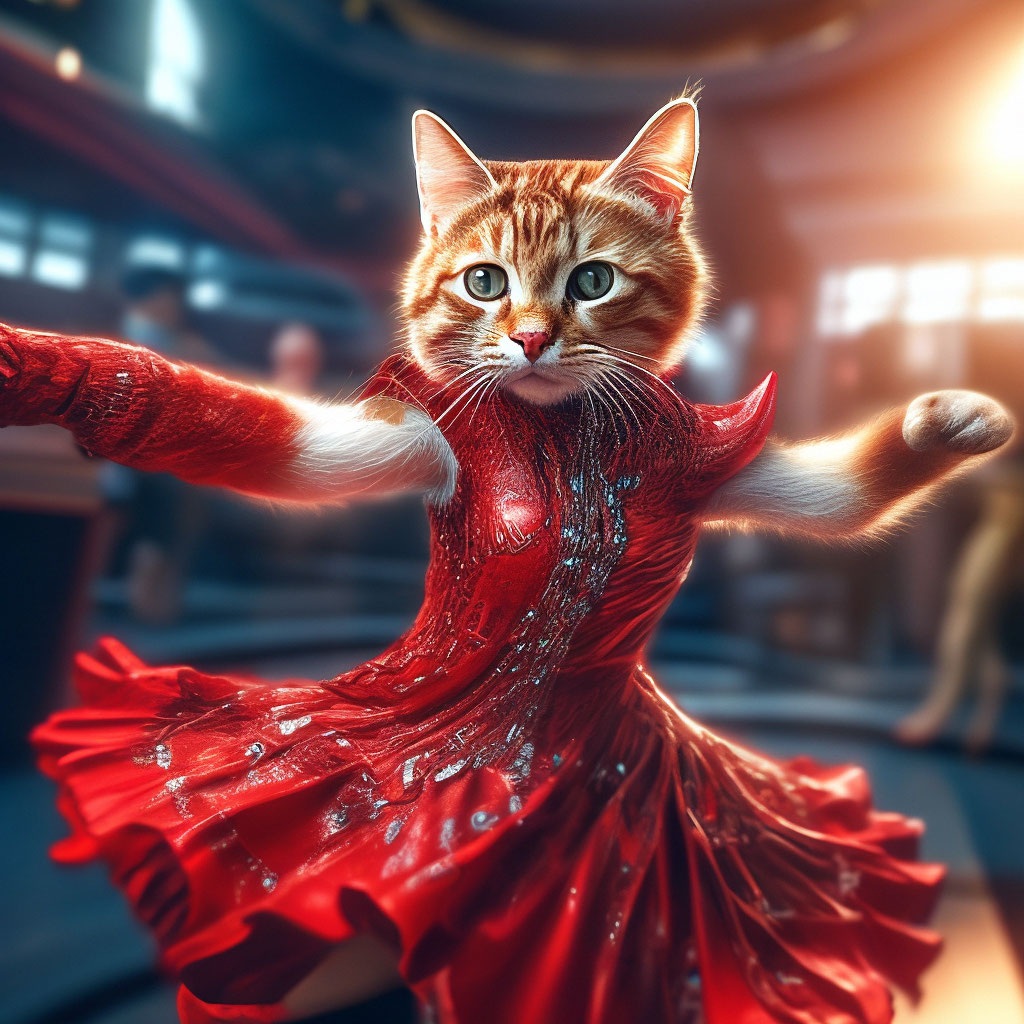 "A cat in a red dress is dancing the rumba. hyperdetalization ...