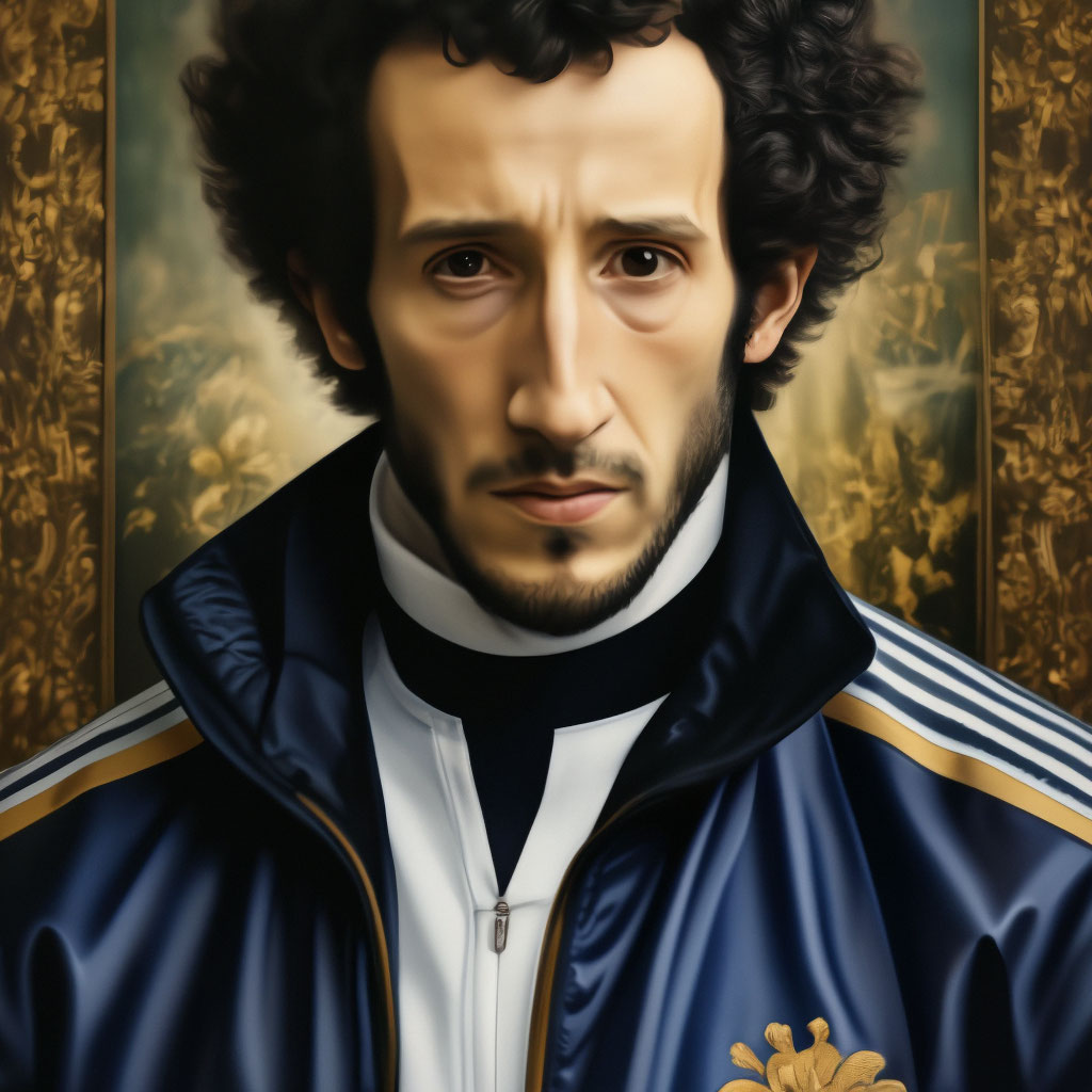 "Pushkin in a tracksuit drawing details, realism, high quality, gouache ...