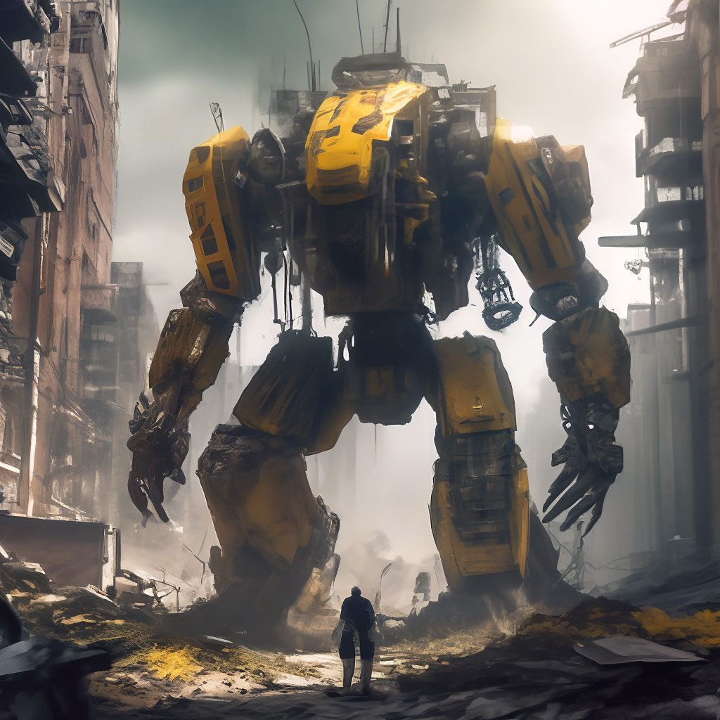 "A mutant robot in an abandoned city" — image created in Shedevrum
