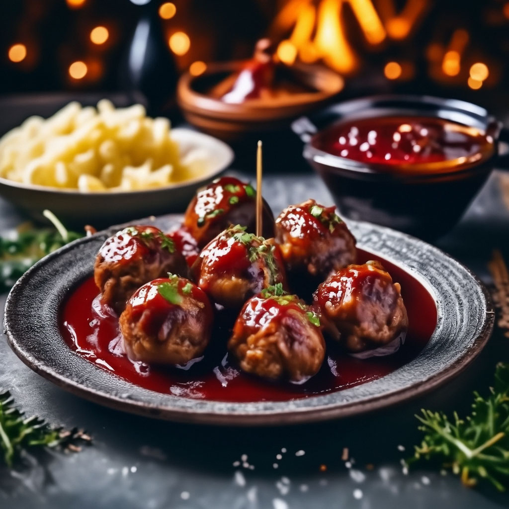"There are a lot of meatballs on a large plate, drizzled with gravy and ...