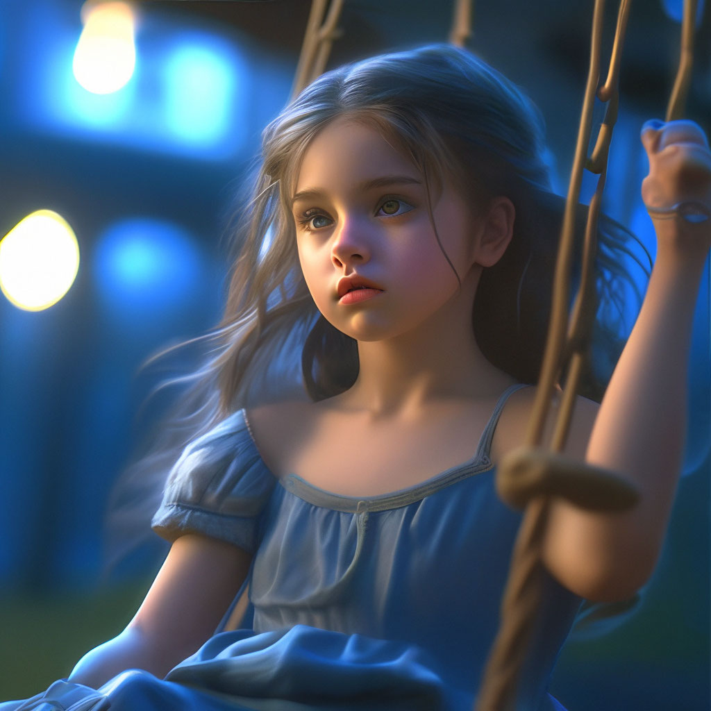 "Realistic, cute naughty sad girl , aesthetically pleasing on a swing ...