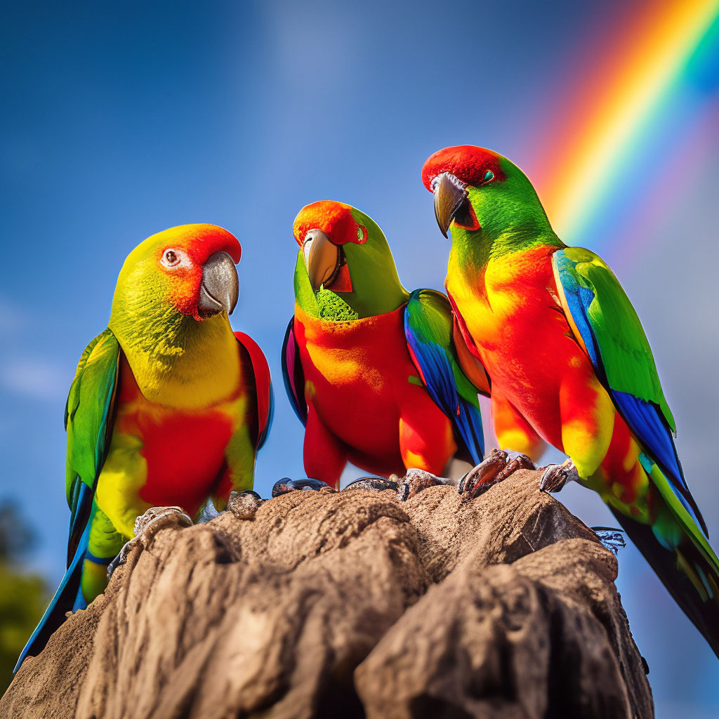 "Rainbow in the sky, three colorful parrots are sitting on the rainbow ...