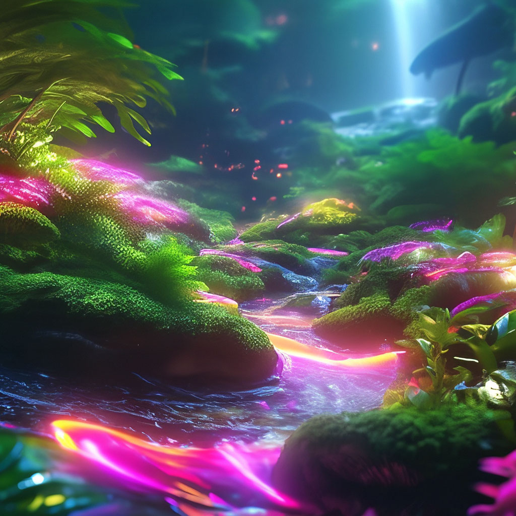 "Lush And Beautiful Rainforest Landscape With Flowing Fluorescent ...