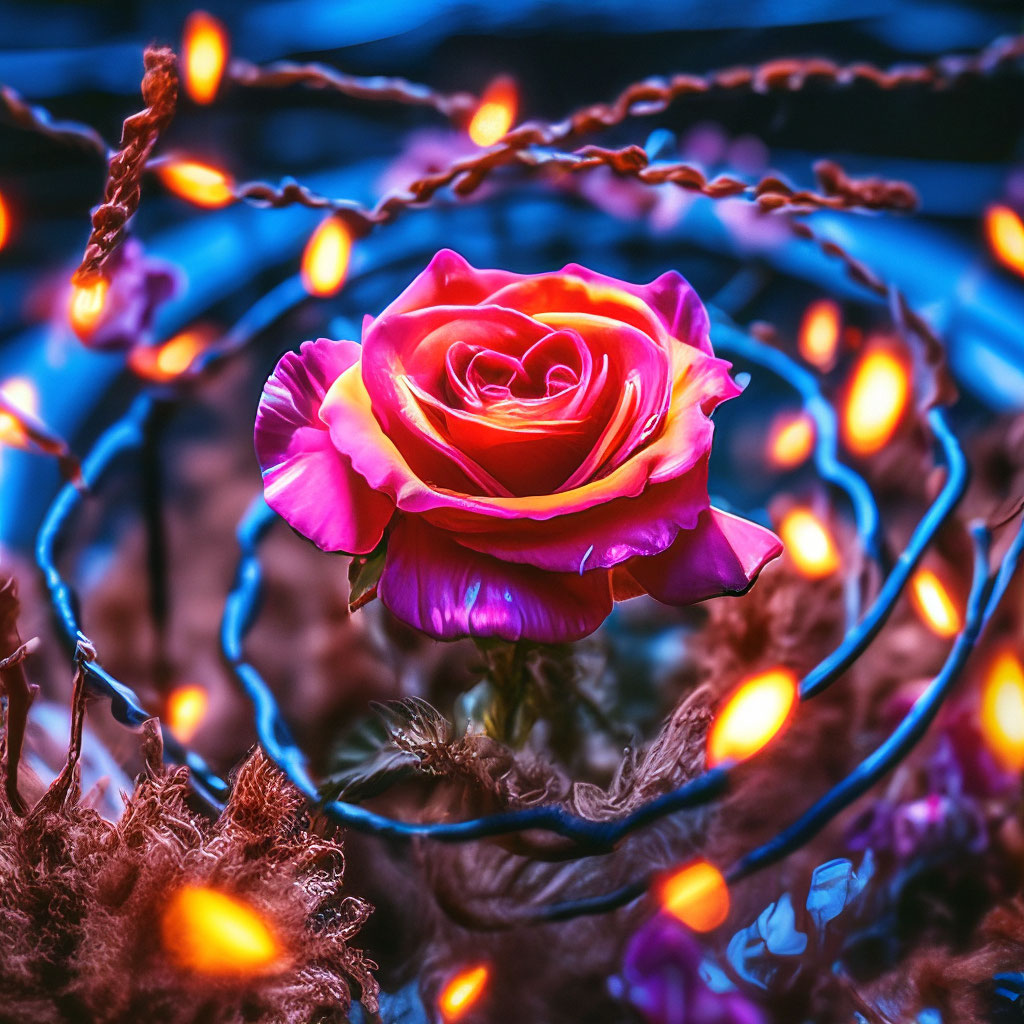 "Rose in a circle of flying dried flowers+petals+linen+neon barbed wire ...
