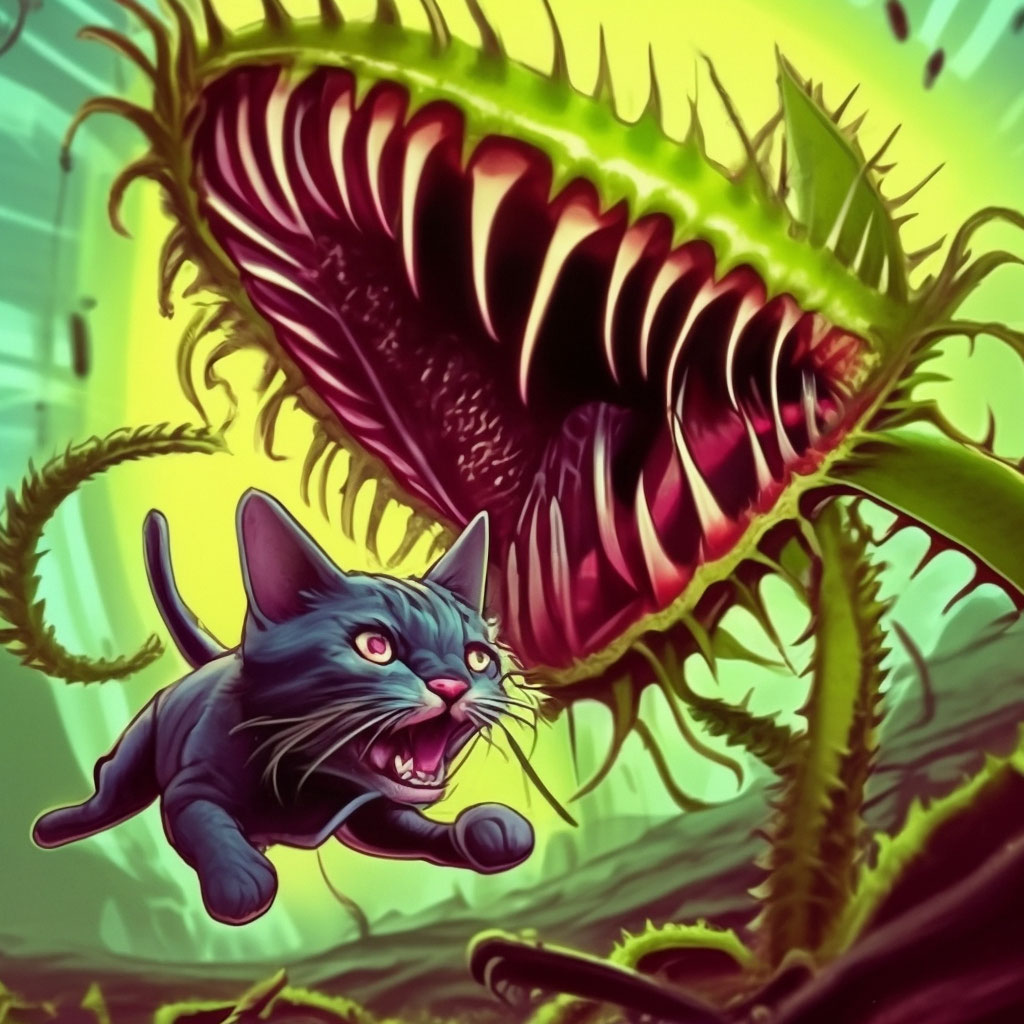 "A huge evil Venus flytrap, dionea plant, attacks a small defenseless ...
