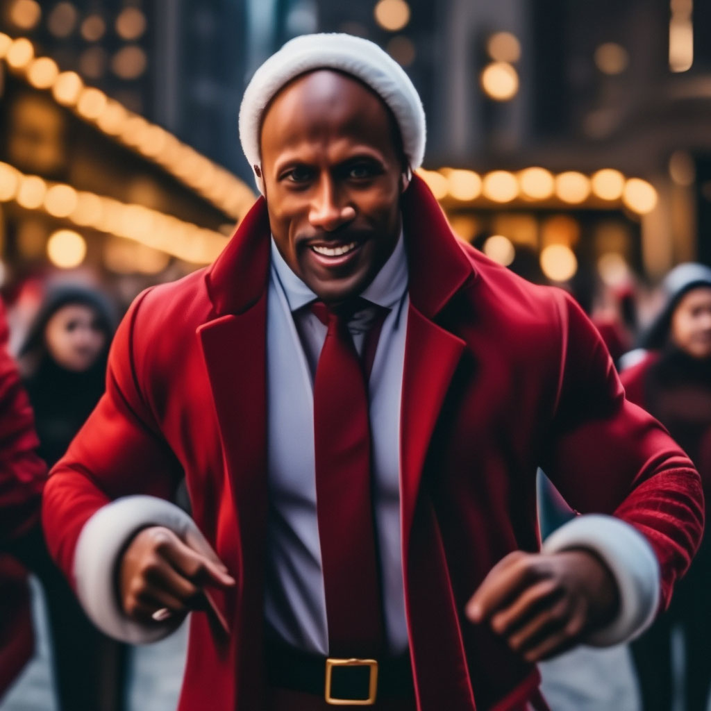 "D. Dwayne as Santa Claus, at the Christmas tree, on the street ...