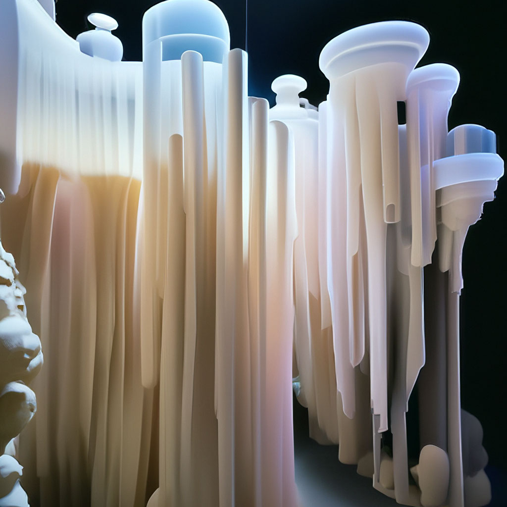 "Dance of pastel columns,crystal mycelium,gradients,charcoal,carbon ...