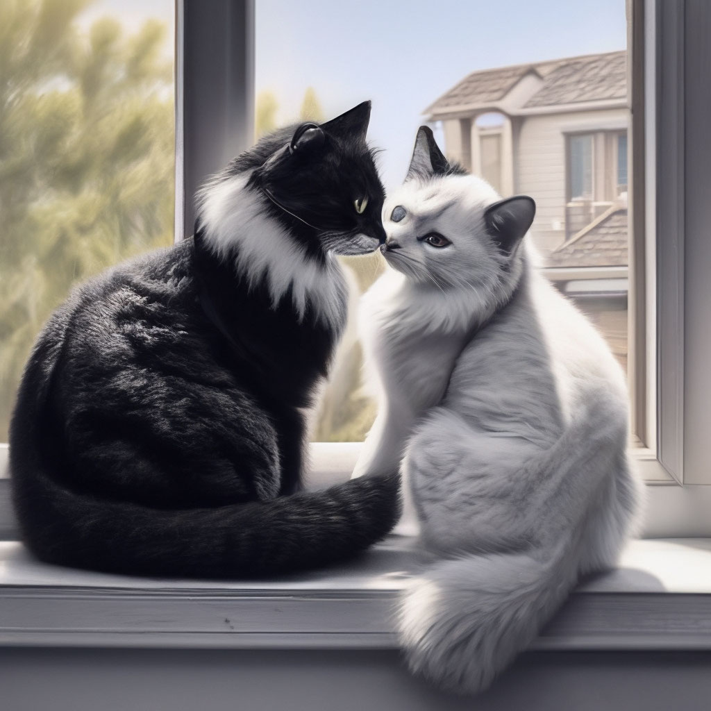 "A white cat and a black cat are sitting on the windowsill, their tails ...