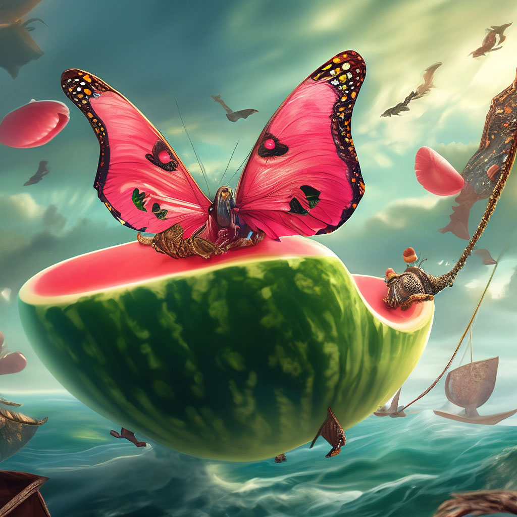 "Watermelon butterfly, flying over pirates" — image created in Shedevrum