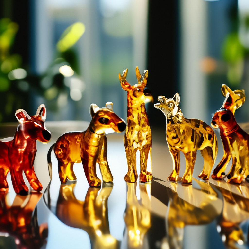 "A set of small glass animal figures stands on a table and they are ...