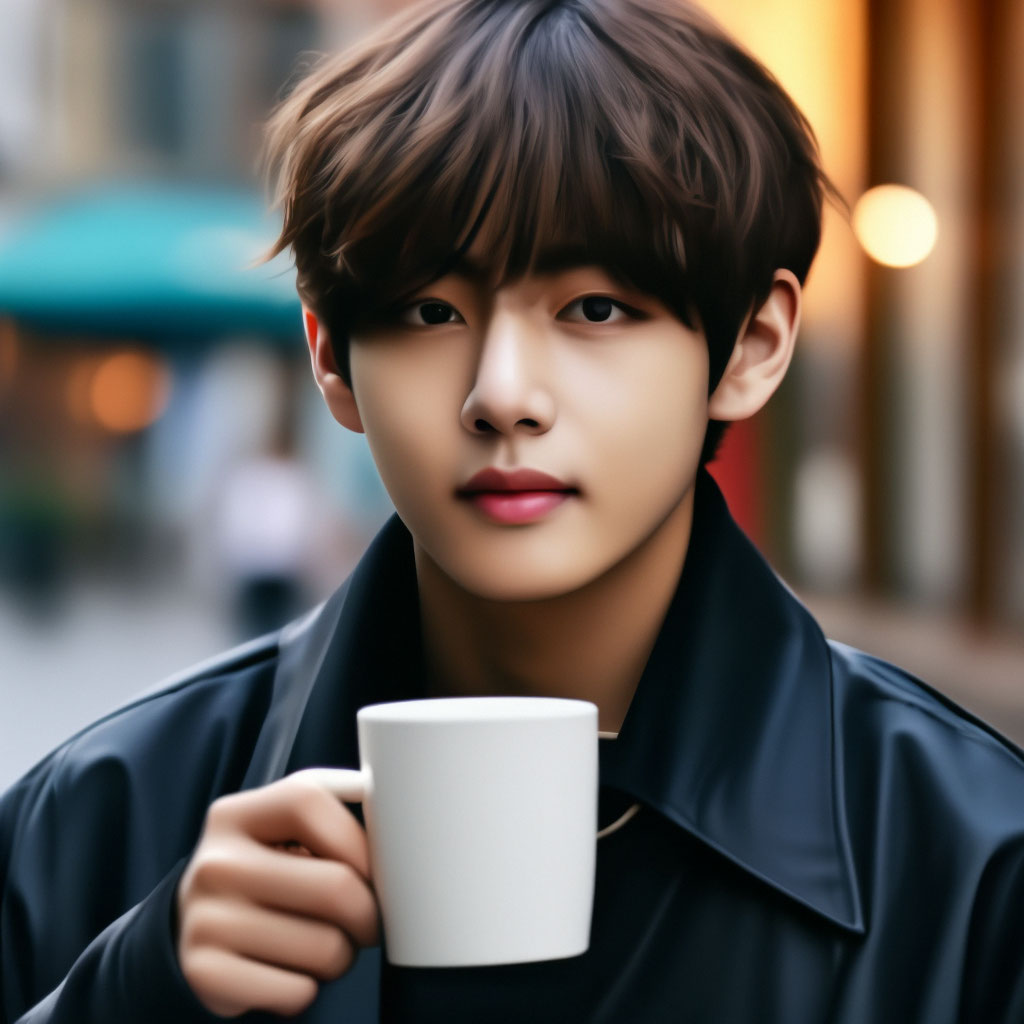 "Taehyung Bts outside drinking coffee" — image created in Shedevrum