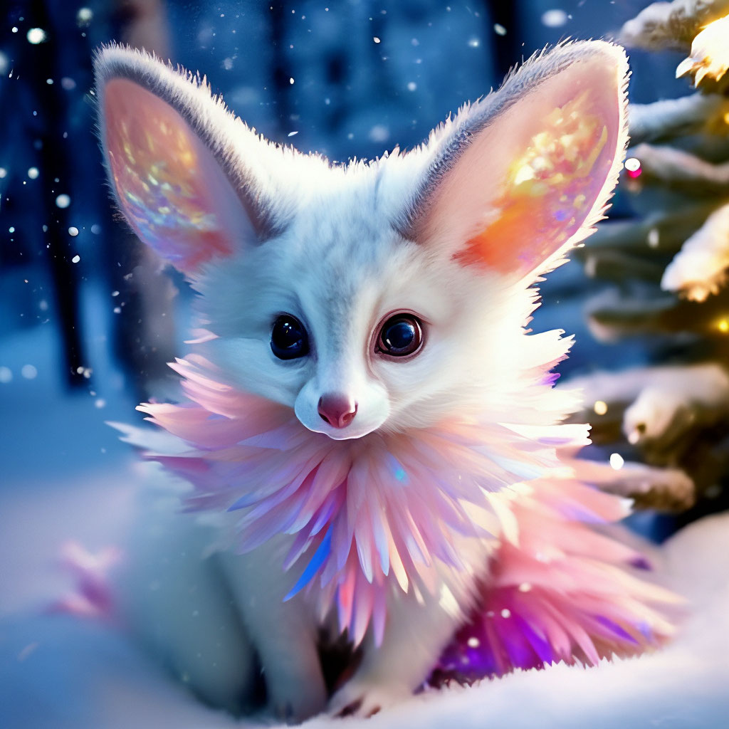 "Beautiful fluffy cute fennec dragon near the Christmas tree, big eyes ...