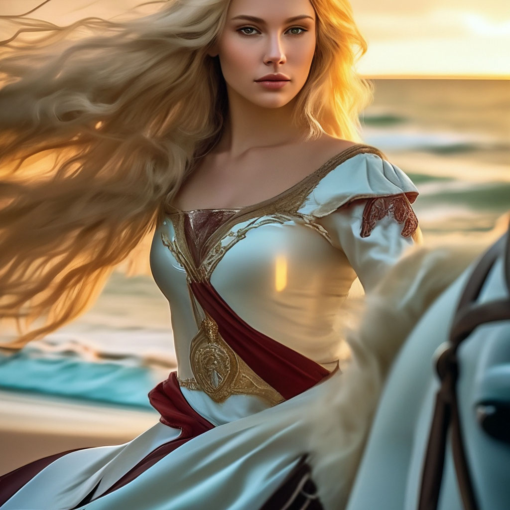 "A very beautiful fairy-tale princess in medieval Celtic attire, riding ...