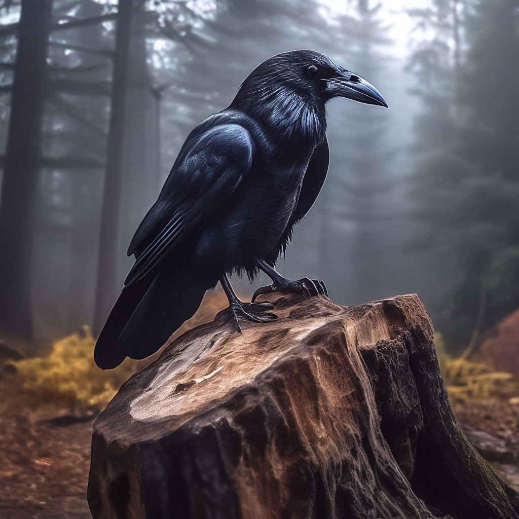 "Old, wise raven, sitting on a stump, mega realism, megadetalization ...