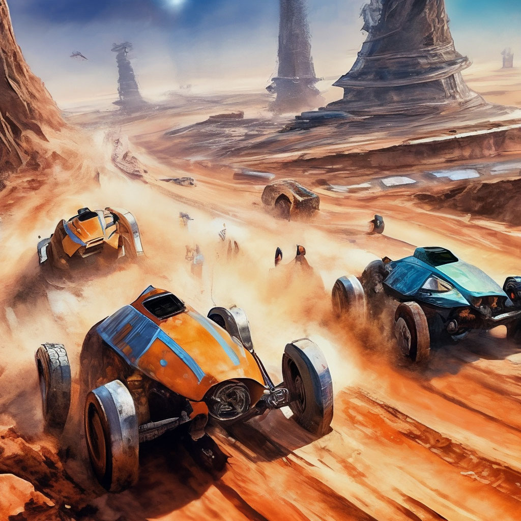 "The Martian race. futuristic cars, survival, dust, speed, collisions ...