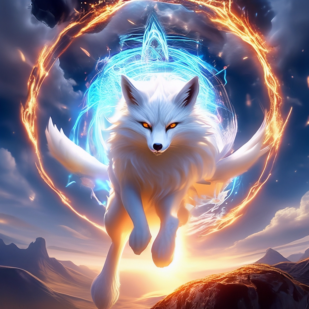 "Elegant white-fire kitsune fox with nine long wriggling tails flies ...