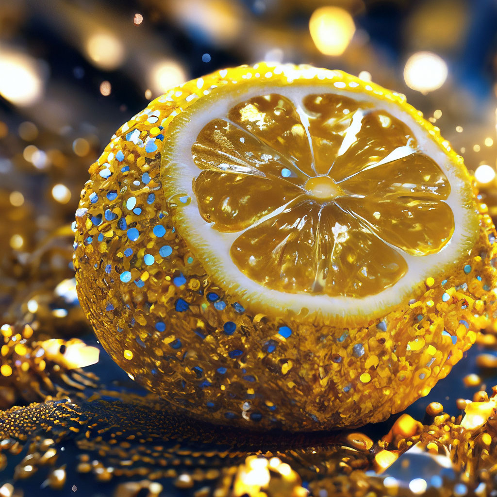 "Surrealism, golden lemon consists of fractals, space, icy ...