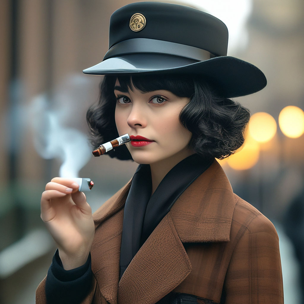 "A Rampo girl with short wavy black hair wearing a detective's cap and ...