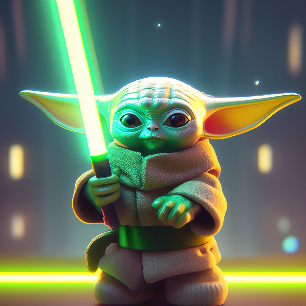 "Mini-Yoda with a green lightsaber in his hand cute, beautiful, 4k ...