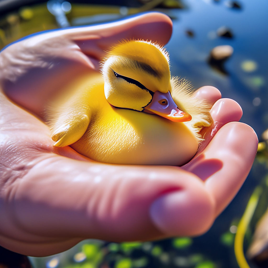 "A yellow duckling with an orange beak fell asleep on his hand ...
