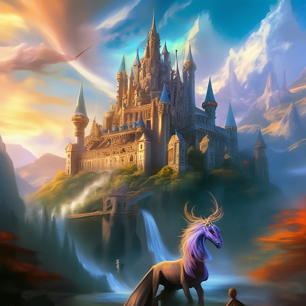 "Fabulous castle of mythical creatures" — image created in Shedevrum