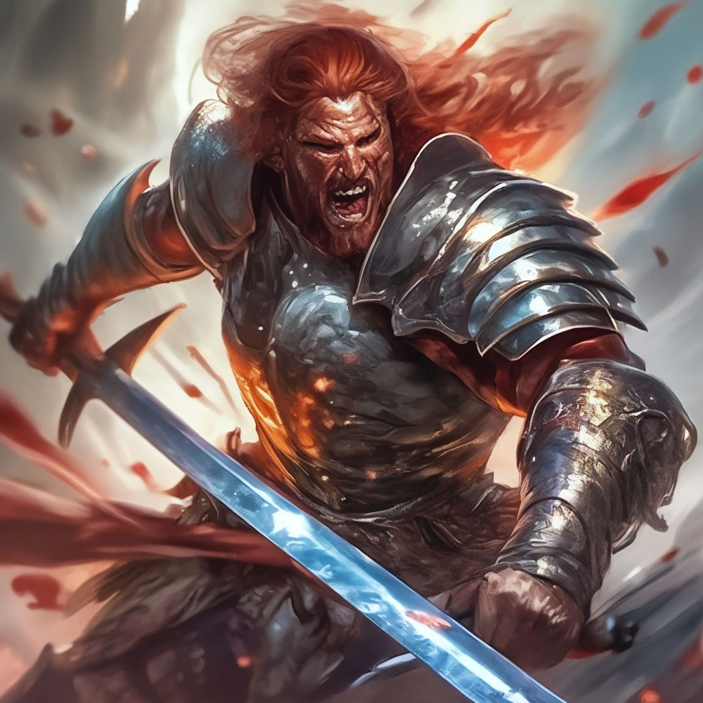 "Epic attack of a brutal warrior with a sword" — image created in Shedevrum