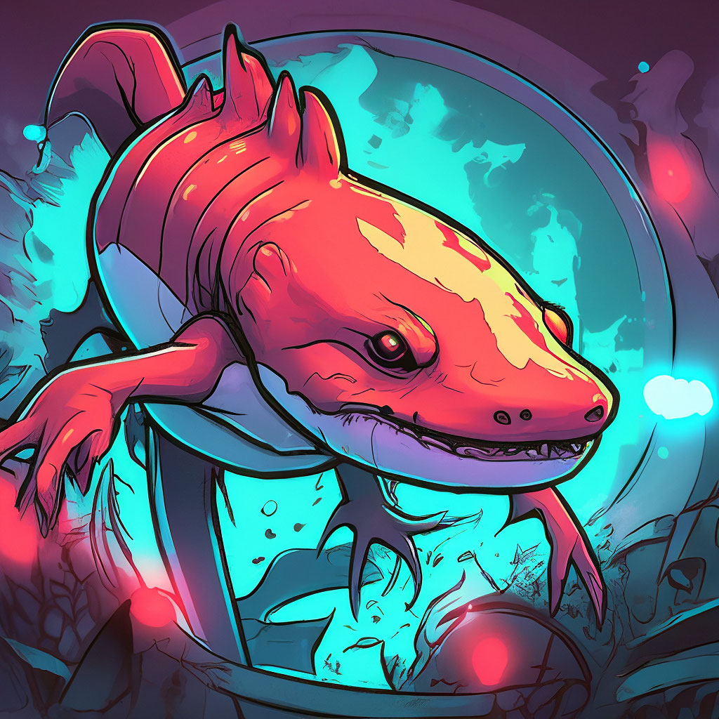 "Axolotl-Shark, red-turquoise shade lighting, neon, smoke, 32k, comic ...