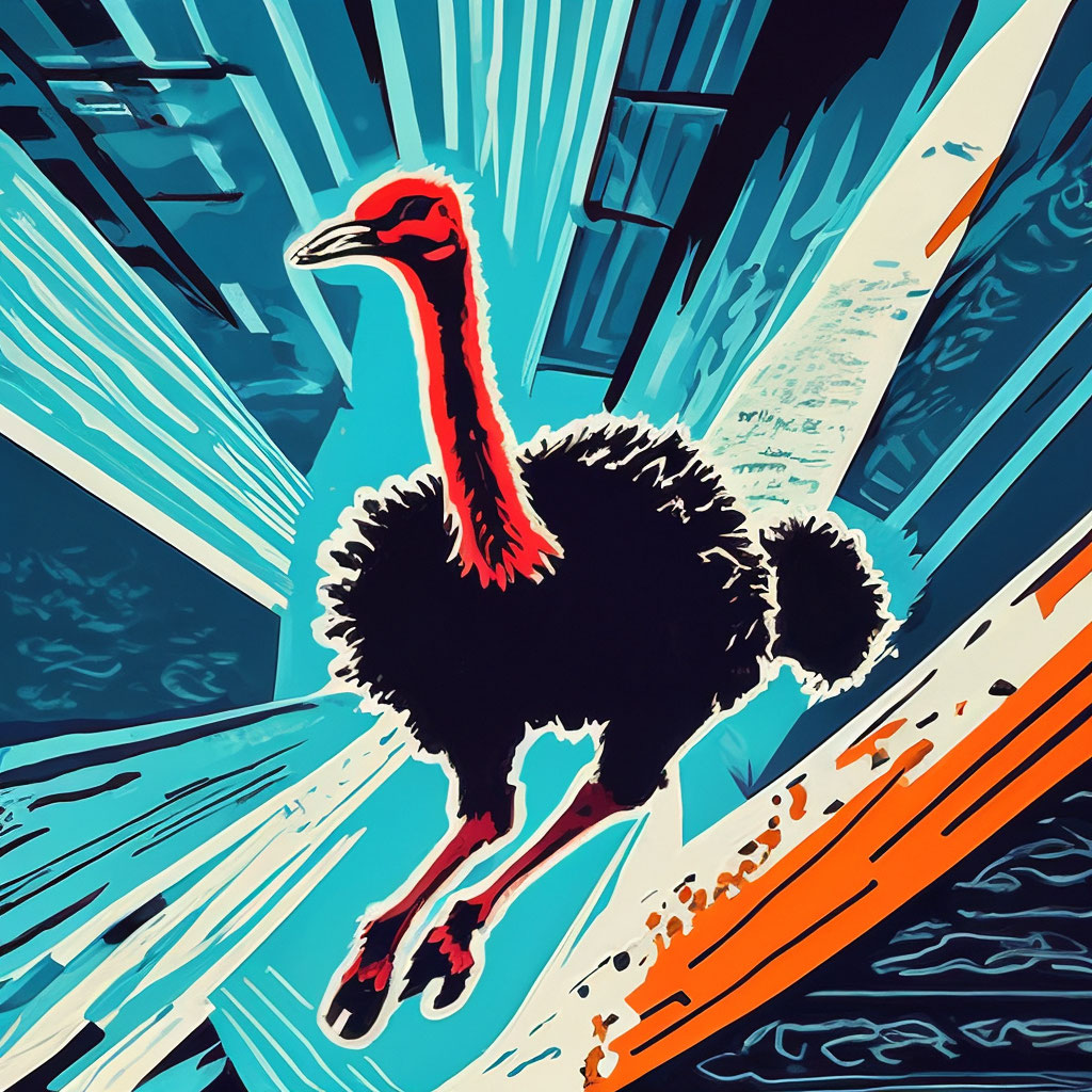 "Linocut, running ostrich, illustration, graphic" — image created in ...