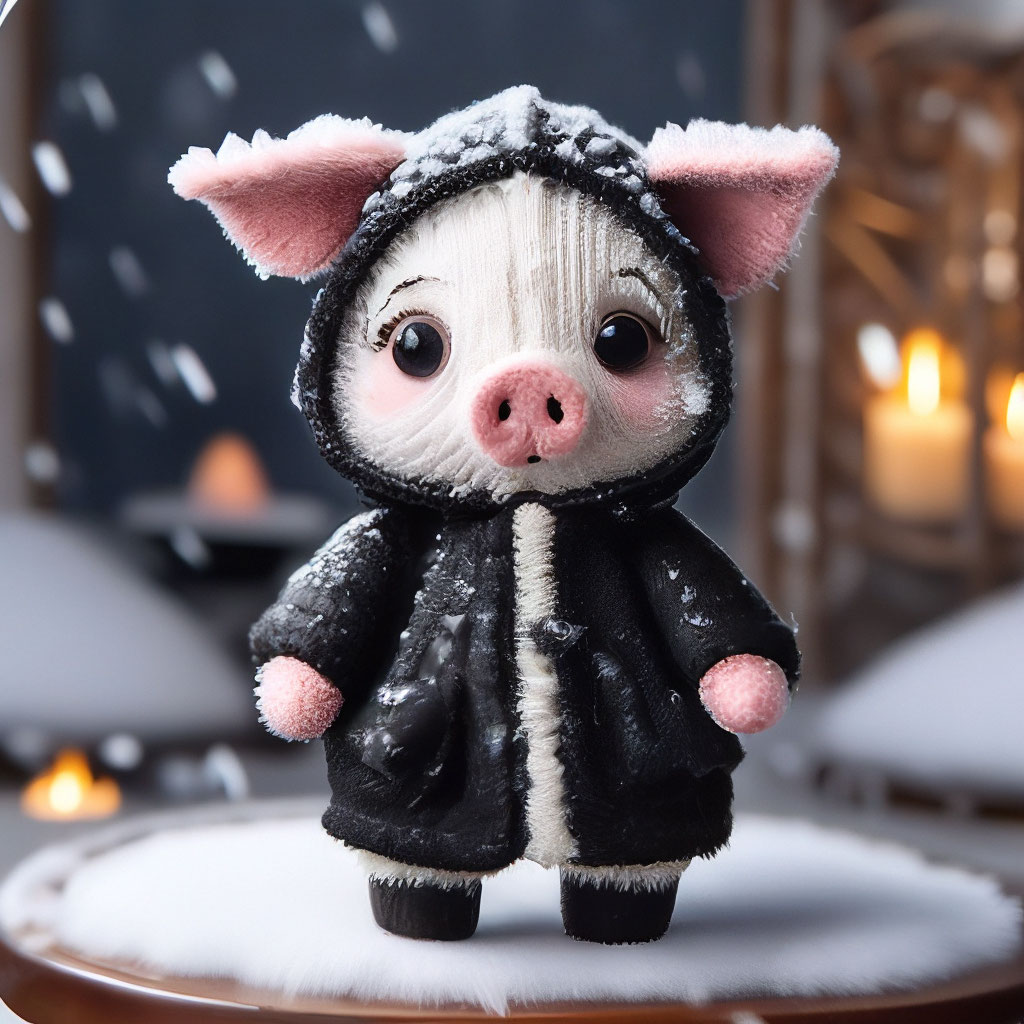 "Snowy knitted cute piglet with big eyes in a black raincoat" — image ...