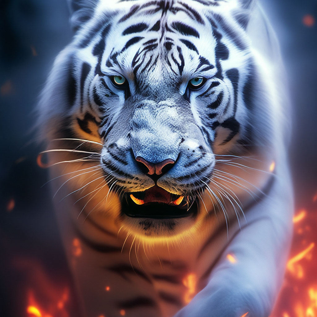 "Ghostly fiery white tiger, fiery, foggy, with neon illumination, haze ...