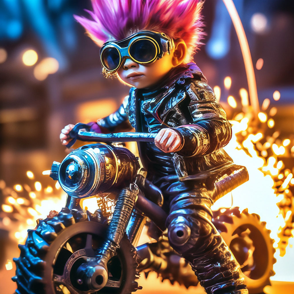 "Harsh anthropomorphic rocker kid, steampunk style, huge wheels with ...