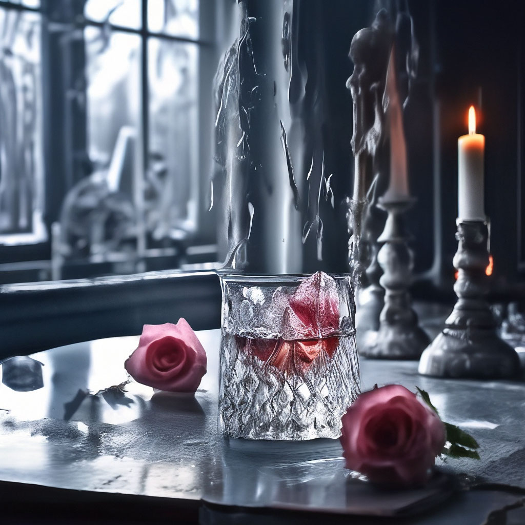"In a chill, roses on the table, a glass with ice cold in crystal ...