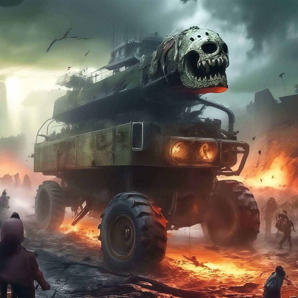 "A zombie apocalypse machine" — image created in Shedevrum