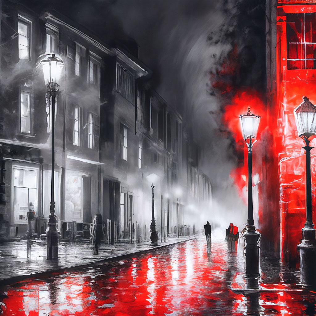 "Red light street black and white drawing, pencil, soft colors ...