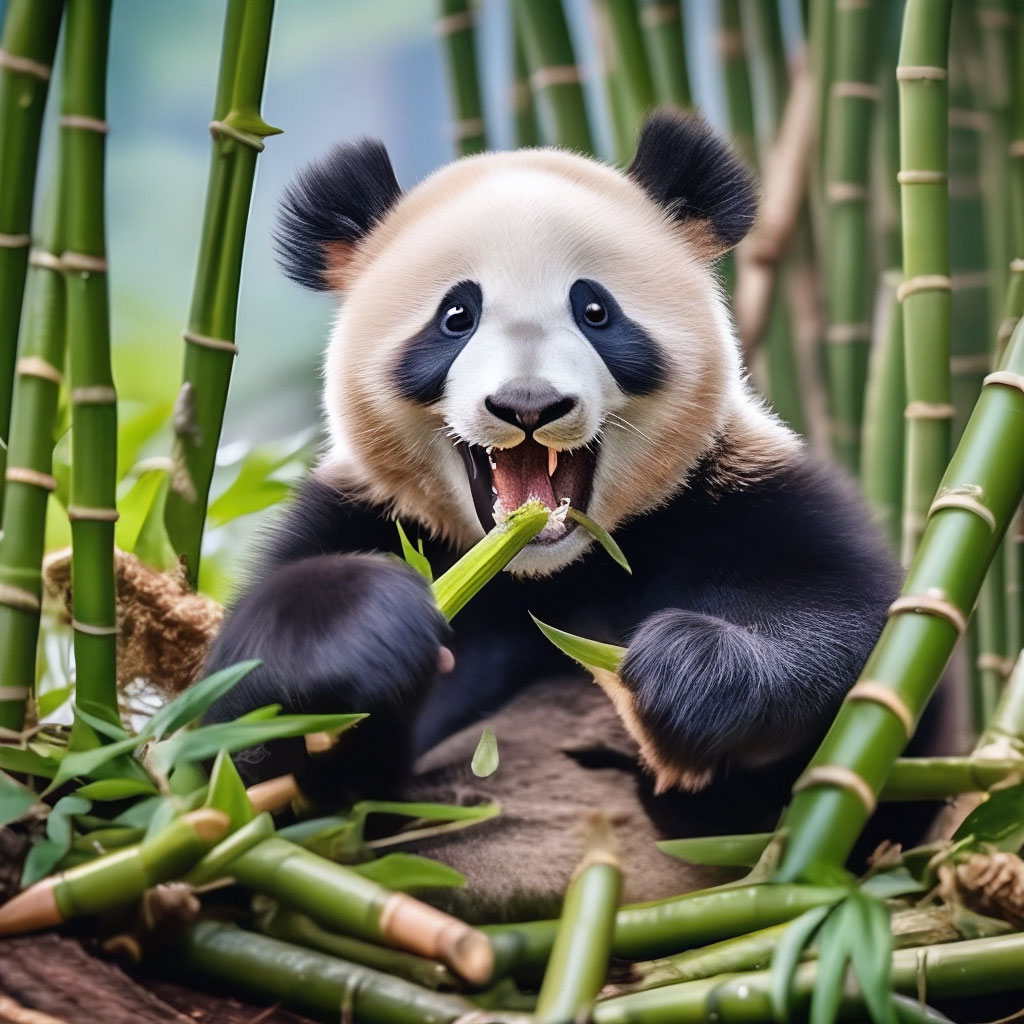 "Funny panda eats a bamboo among bamboos" — image created in Shedevrum