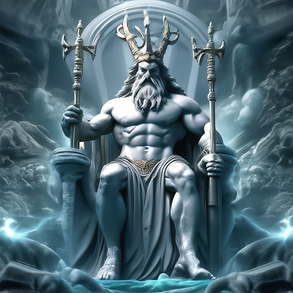 "Poseidon on the throne, trident in his hands, hyperrealism of the ...