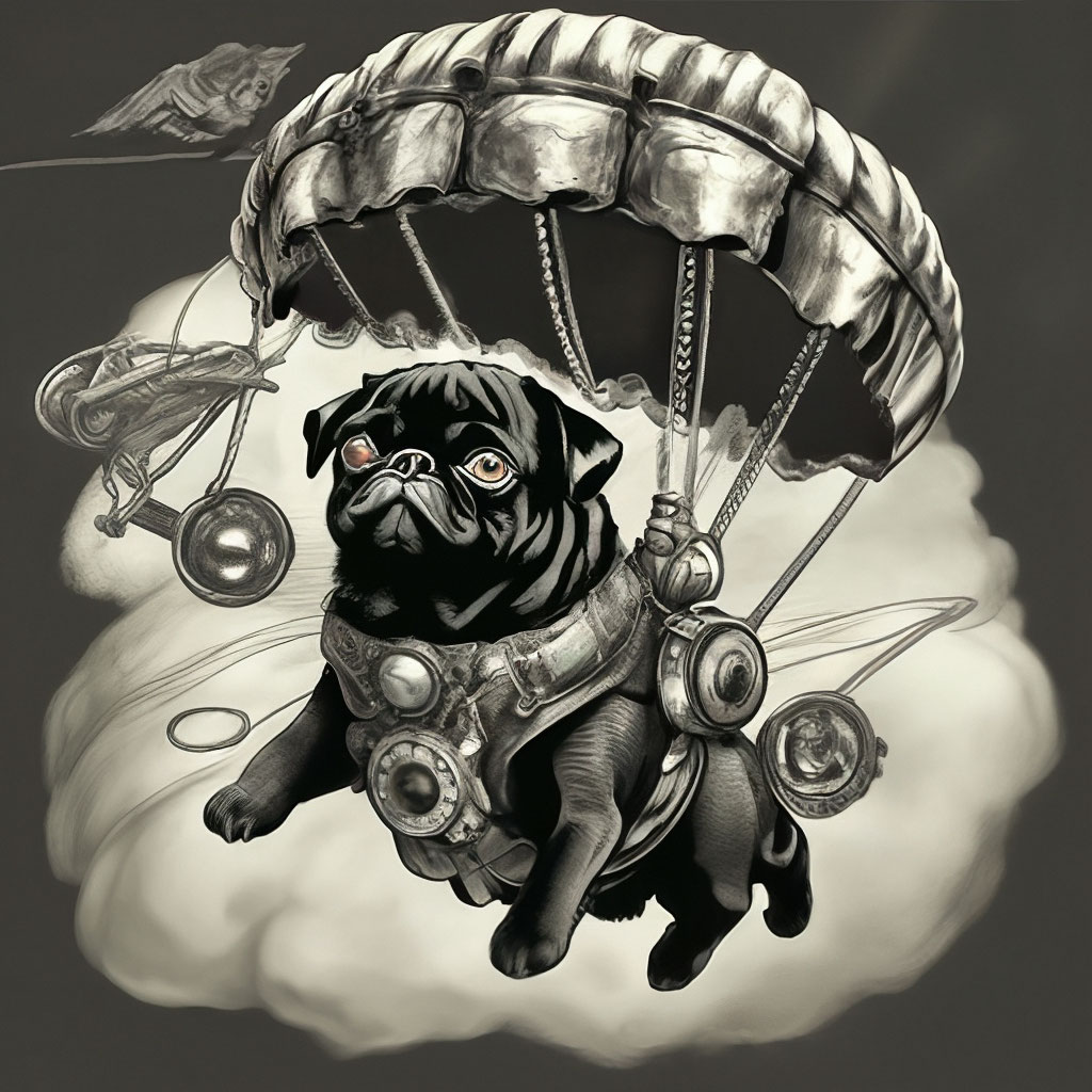 "Black pug airborne with parachute" — image created in Shedevrum