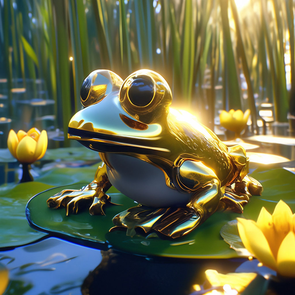 "Swamp, lotuses, golden frogs,reeds, mysterious, magic, high detail ...