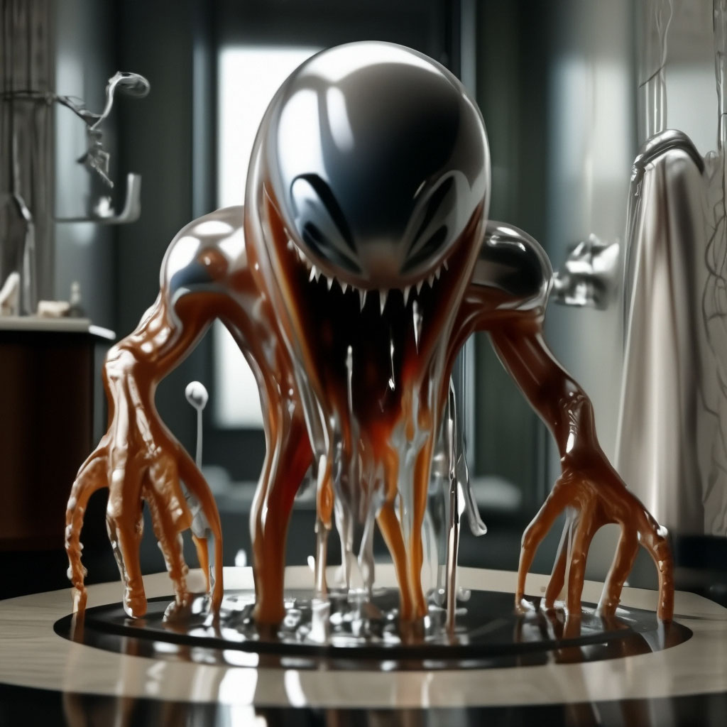 "Mercury monster gets out of the bathroom, symbiosis, drops, goo ...