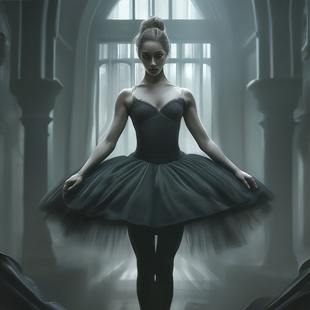 "Dark gloomy ballerina, beautiful, scary, horror, hyperdetalization ...