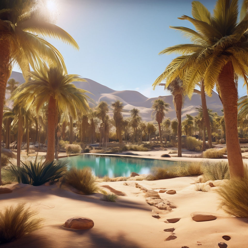 "Oasis in the desert, very hot and bright and palm trees,aesthetically ...