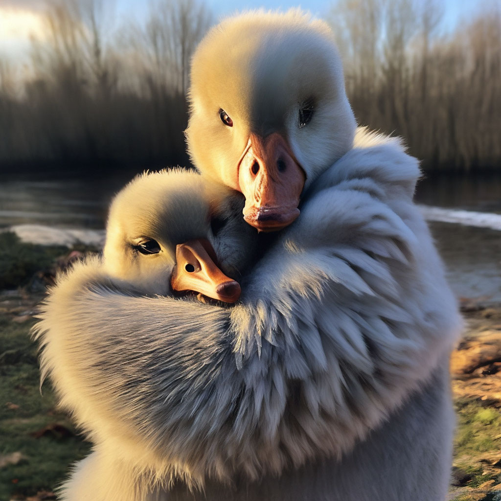 "Shaggy goose hugging" — image created in Shedevrum