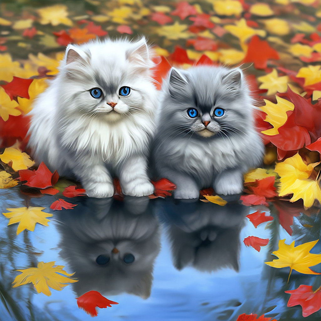 "A kitten and a fluffy white-gray Persian cat cuddle up to each other ...