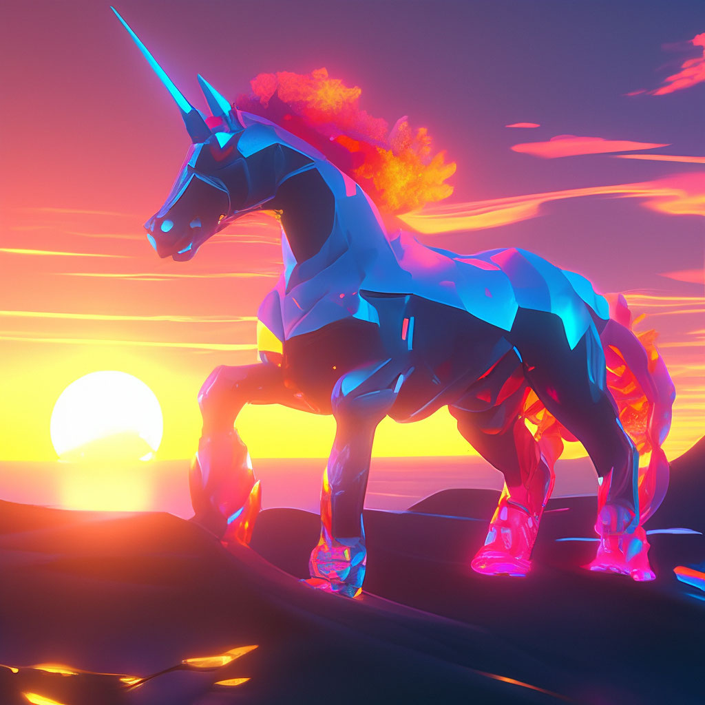 "Neon cyber unicorn" — image created in Shedevrum