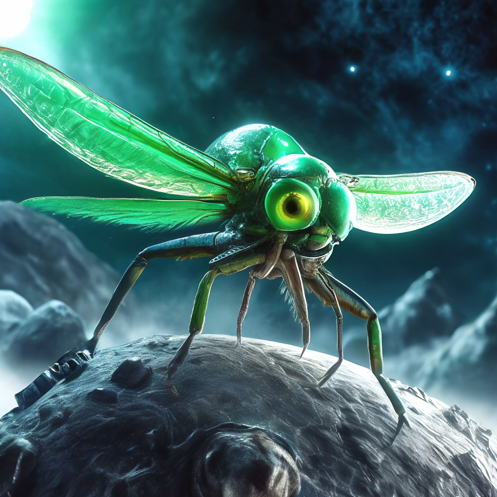 "A very evil alien emerald dragonfly with big eyes on a cold asteroid ...